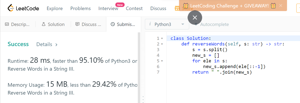 Reversed Words In A String Iii Faster Than 95 Leetcode Discuss