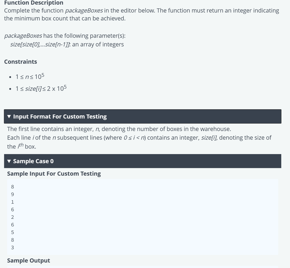 Packaging Constraints Online Assessment Hackerrank Leetcode Discuss