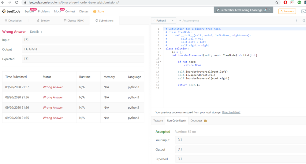 Is there a bug? Test case [1] works for my code except when submitting ...